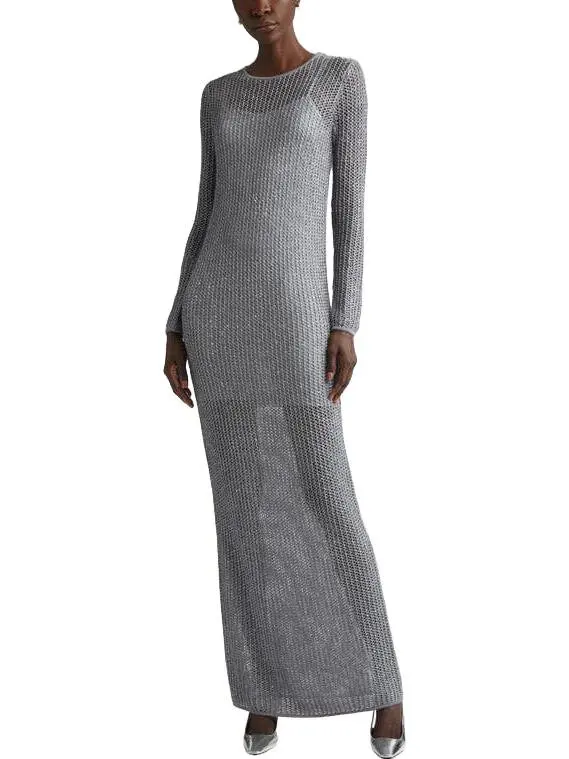 St. John Sequin Mesh Knit Gown - Silver