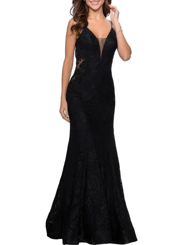La Femme Long Mermaid Lace Dress - Black