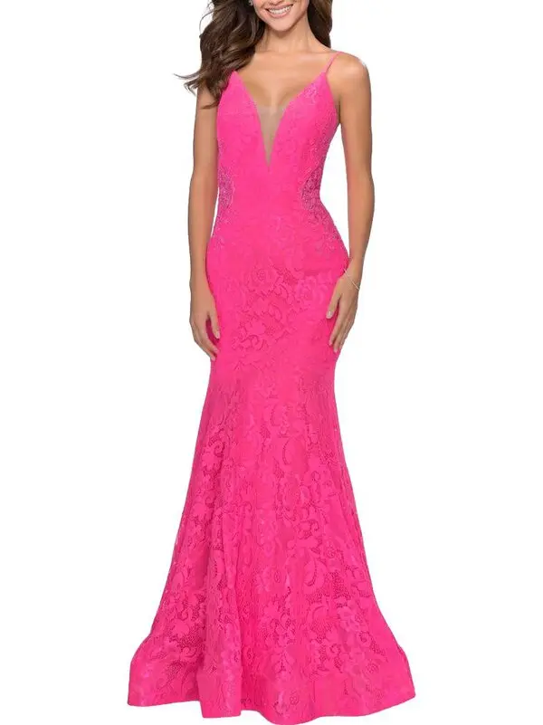 LABOMME Long Mermaid Lace Dress - Neon Pink
