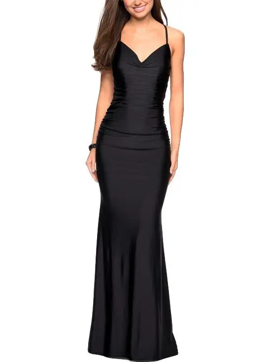 La Femme Form Fitting Jersey Gown - Black