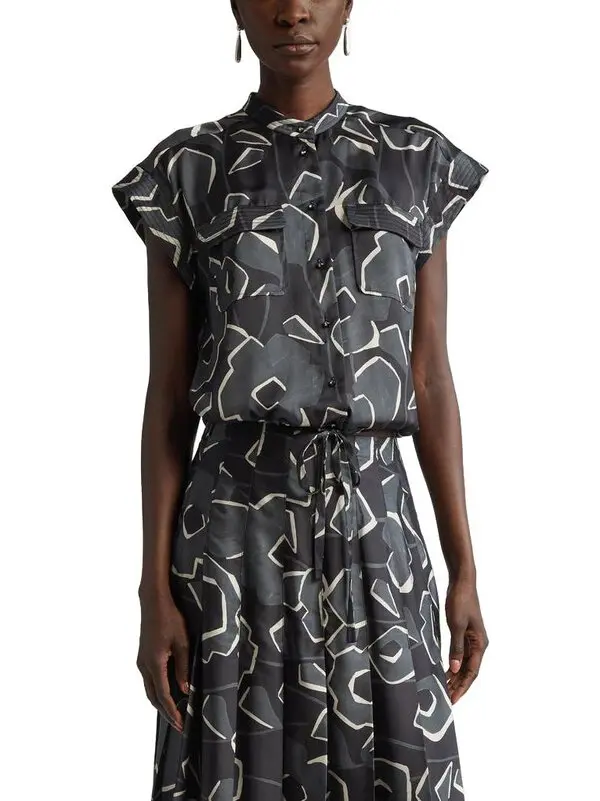 St. John Cubist Floral Cap-sleeve Top - Black/shadow Multi