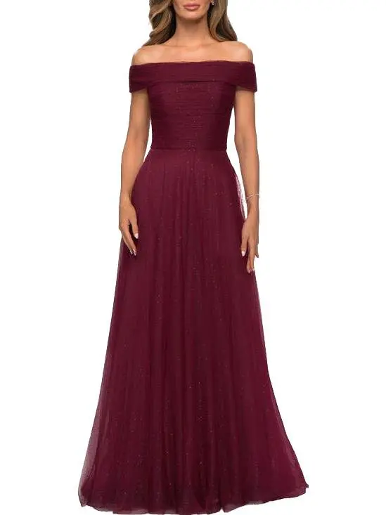 LABOMME Tulle Rhinestone A-line Gown - Burgundy