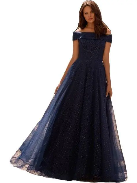 La Femme Tulle Rhinestone A-line Gown - Navy