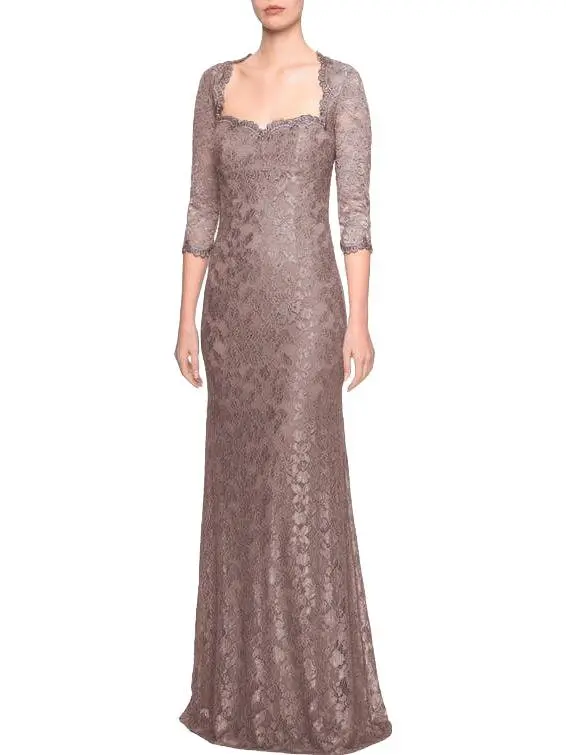 La Femme Long Lace Gown With Sweetheart Neckline - Cocoa