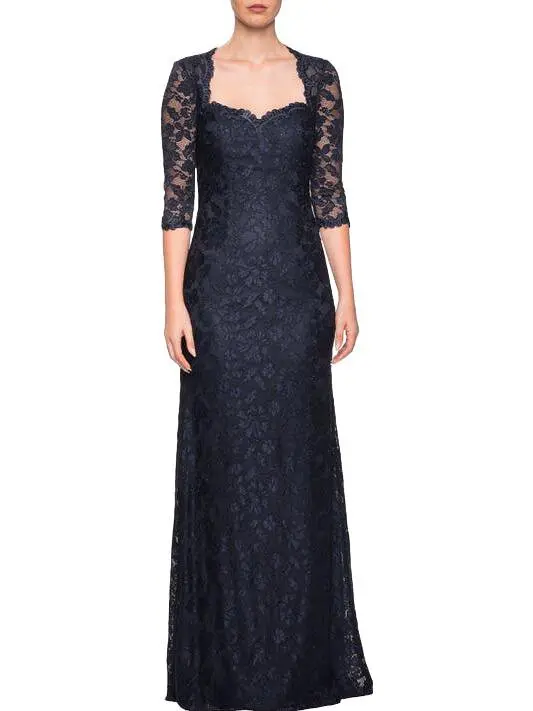 LABOMME Long Lace Gown With Sweetheart Neckline - Navy