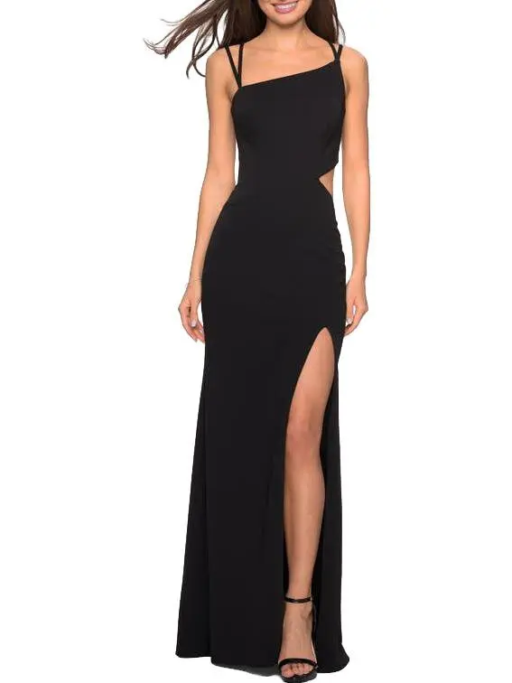 La Femme Asymmetrical Jersey Prom Dress - Black