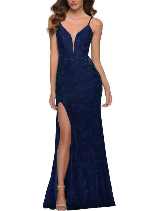 LABOMME Long Lace Gown With Rhinestone Detail - Navy