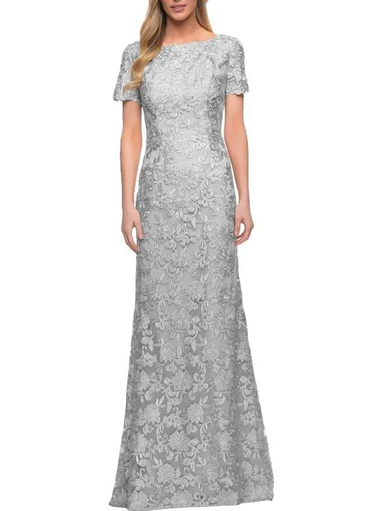 La Femme Lace Gown With Short Sleeves - Silver