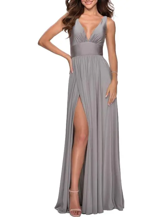 La Femme Empire Waist Gown - Silver