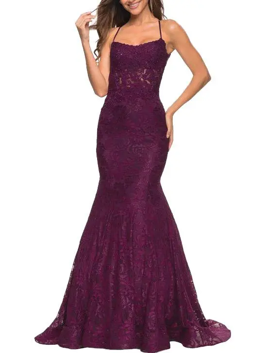 LABOMME Mermaid Lace Gown With Sheer Bodice And Open Back - Dark Berry