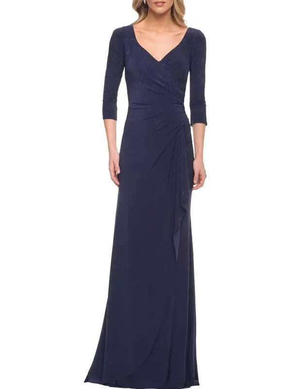 La Femme Jersey Gown With Ruching And Ruffle Detail - Navy