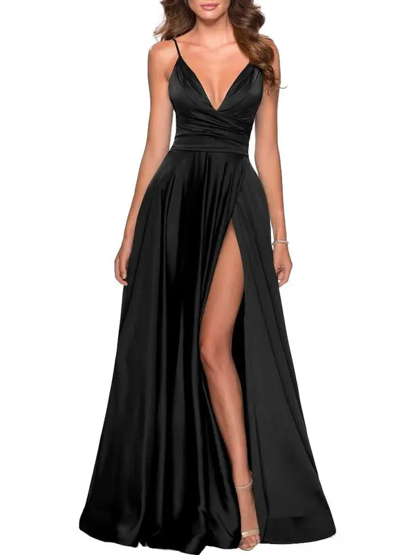 La Femme Long Satin Gown With Slit - Black