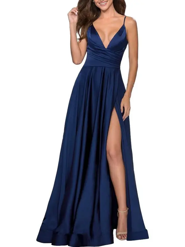 LABOMME Long Satin Gown With Slit - Navy