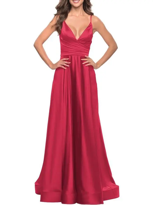 LABOMME Long Satin Gown With Slit - Red