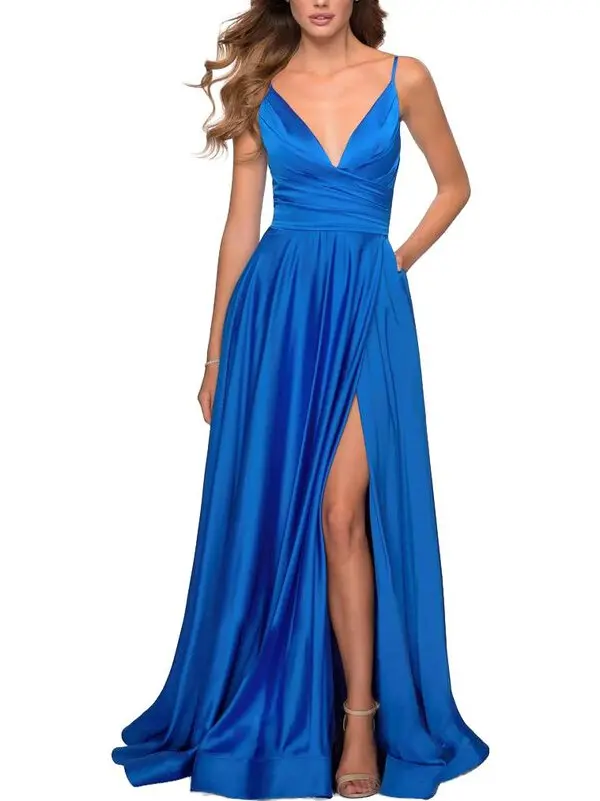 LABOMME Long Satin Gown With Slit - Royal Blue