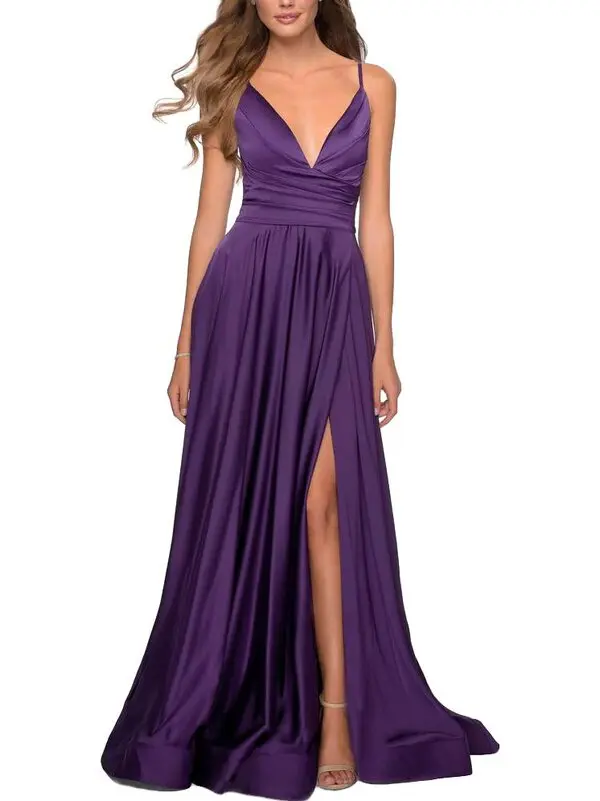 LABOMME Long Satin Gown With Slit - Royal Purple