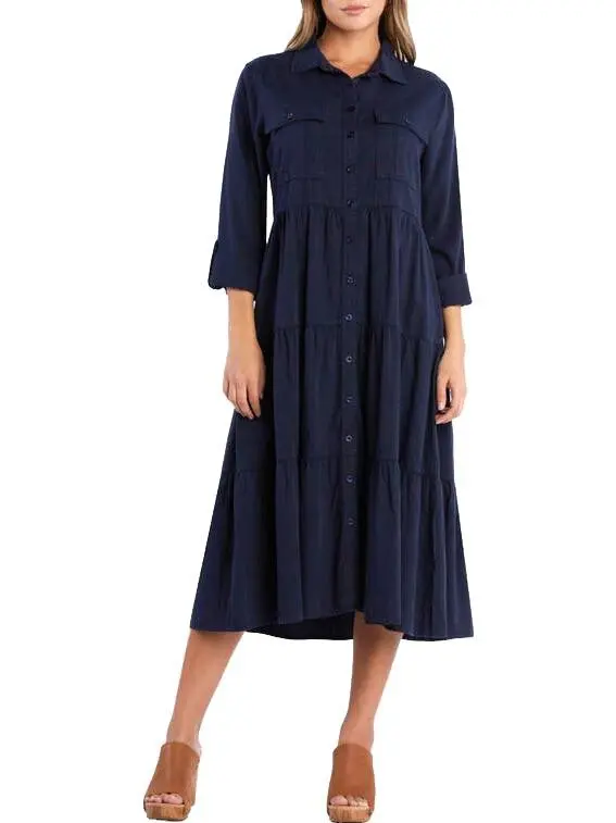 BILLY T Dream Catching Long Sleeve Midi Shirt Dress - Deep Blue