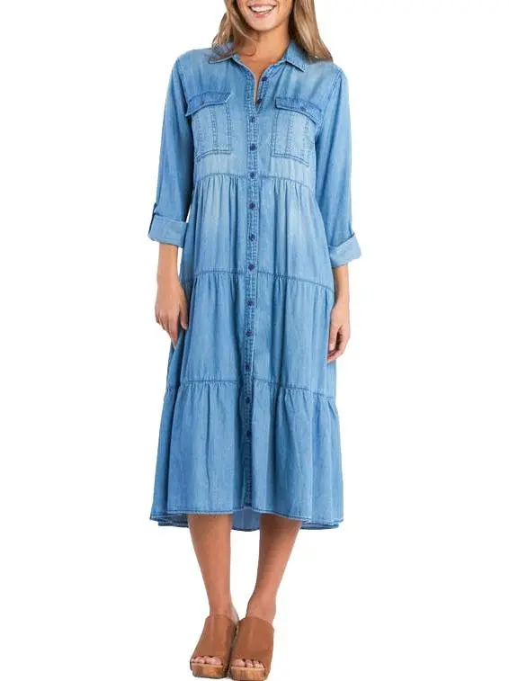 BILLY T Dream Catching Long Sleeve Midi Shirt Dress - Lt. Vintage Denim