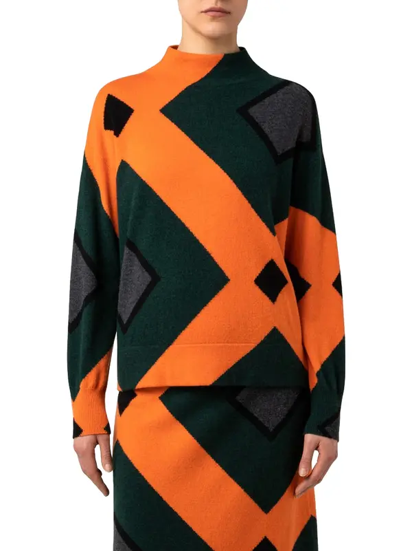 Akris Tile Roof Intarsia Cashmere Sweater - Gallus Green-terracotta