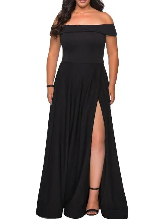 La Femme Off-the-shoulder Column Gown - Black