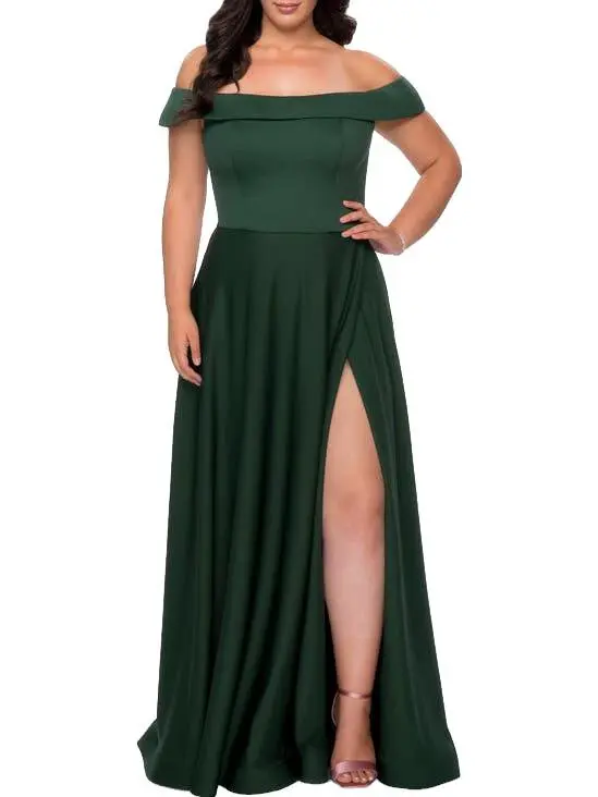 La Femme Off-the-shoulder Column Gown - Emerald
