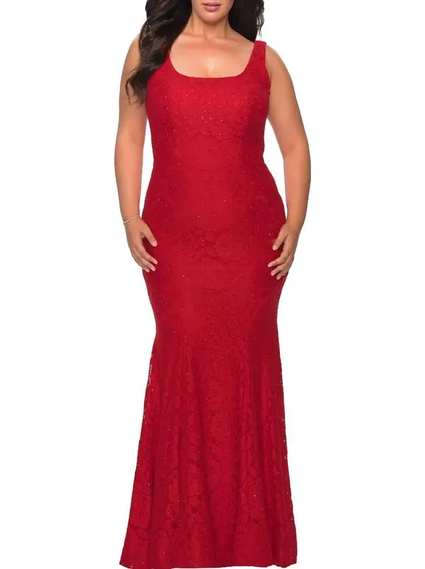 La Femme Stretch Lace Gown With Beading - Red