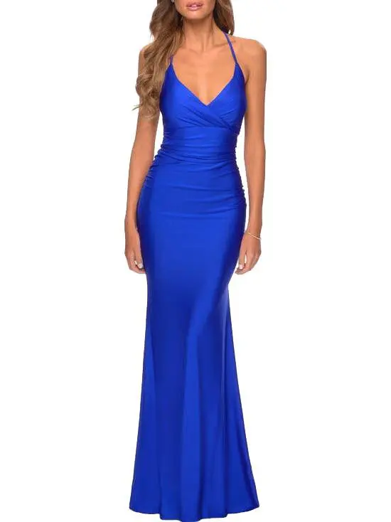 LABOMME Empire Waist Jersey Gown With Lace Up Back - Royal Blue