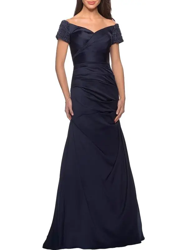 LABOMME Satin Gown With Beaded Sleeves - Navy