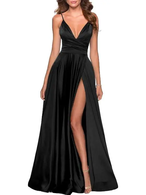 LABOMME Long Satin Dress With Slit - Black