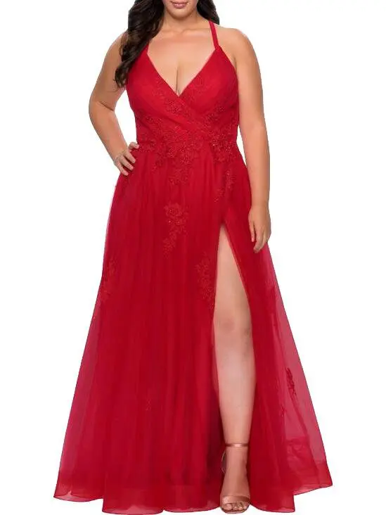 LABOMME A-line Gown With Floral Embroidery - Red