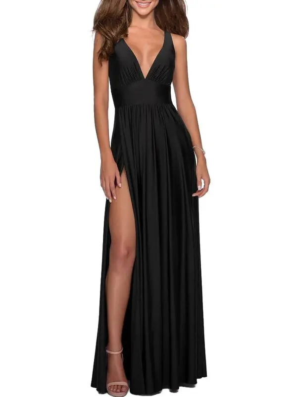 La Femme Empire Waist Gown With Deep V Neckline - Black
