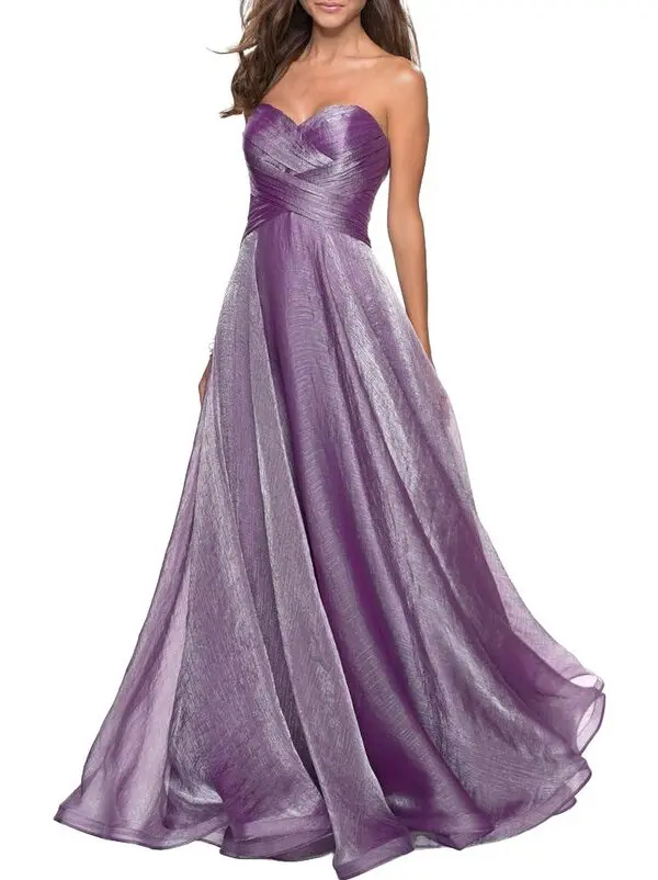 La Femme Strapless Chiffon Gown With Criss Cross Bodice - Orchid