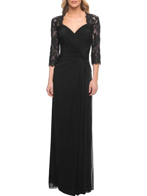 La Femme Jersey Gown With Lace Sleeves - Black