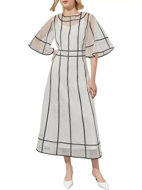 Ming Wang Modern Fit Organza Contrast Stripe A-line Midi Dress - White/ Black