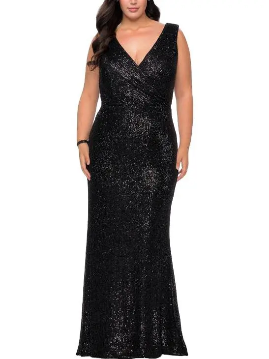 La Femme Long Sequin Gown - Black