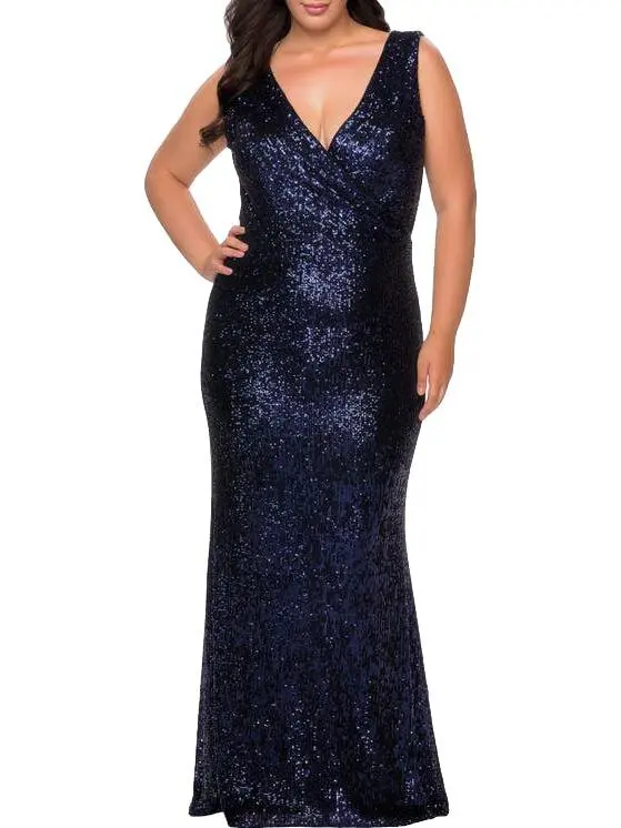 La Femme Long Sequin Gown - Navy