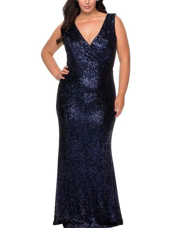 La Femme Long Sequin Gown - Navy