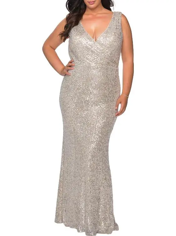 La Femme Long Sequin Gown - Silver