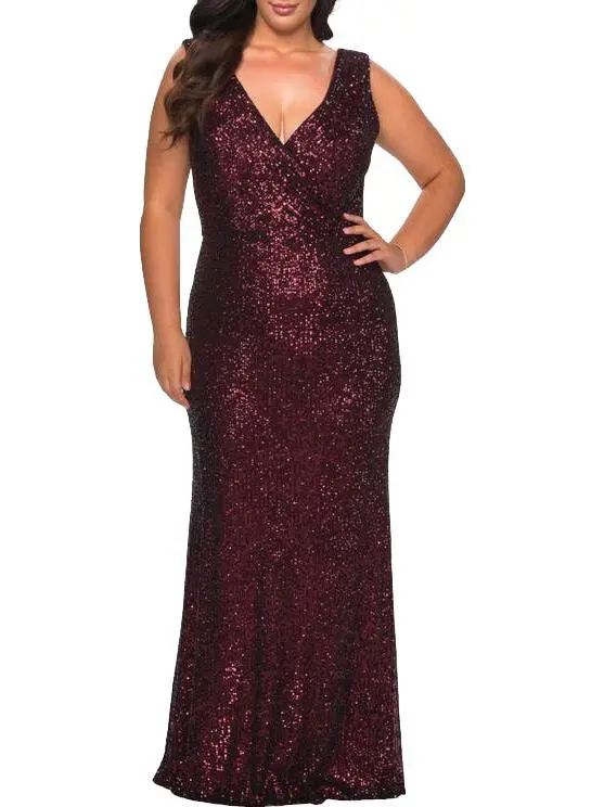 La Femme Long Sequin Gown - Wine