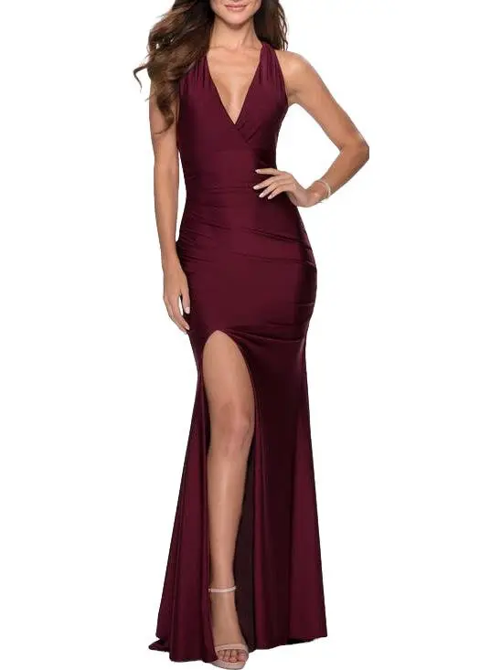 LABOMME Deep V-neck Tie Back Gown - Dark Berry