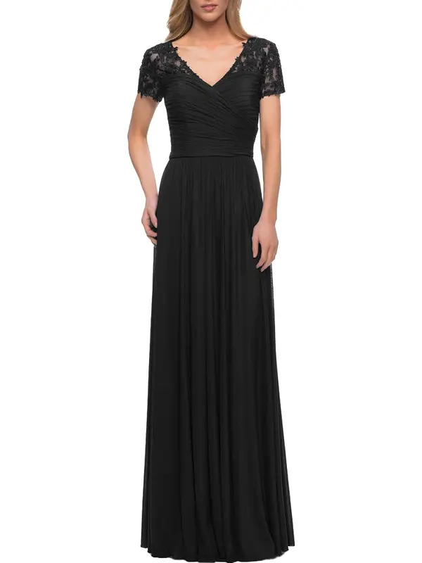 LABOMME Jersey Evening Dress With Lace Sleeves - Black