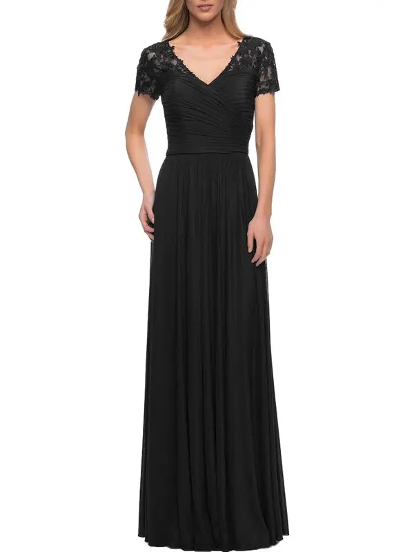 LABOMME Jersey Evening Dress With Lace Sleeves - Black