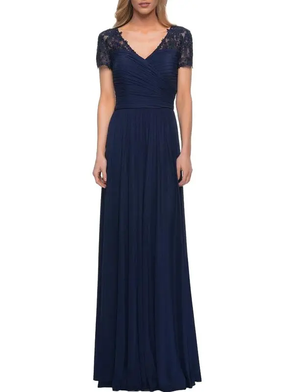 La Femme Jersey Evening Dress With Lace Sleeves - Navy