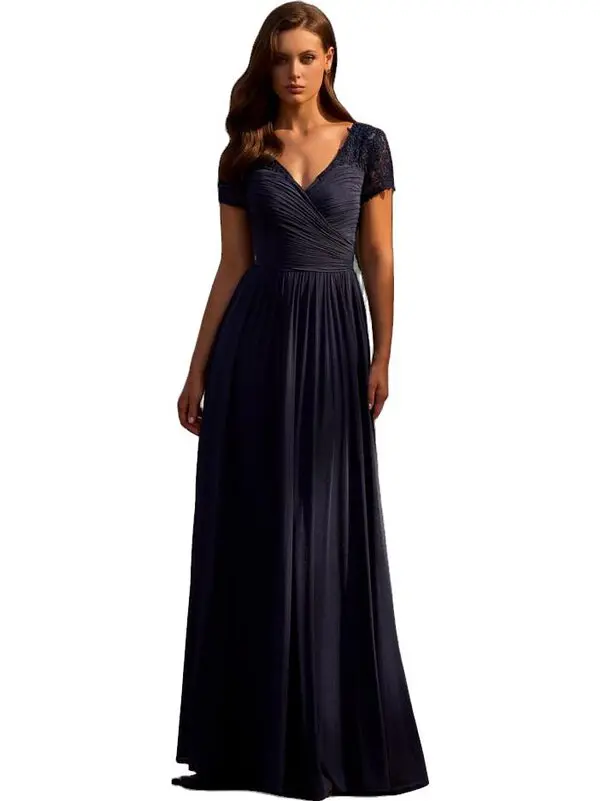 La Femme Jersey Evening Dress With Lace Sleeves - Navy