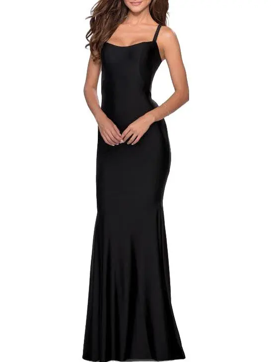 La Femme Form Fitting Gown With Lace-up Back - Black