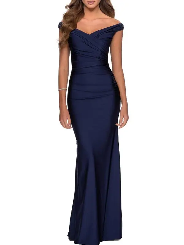 La Femme Off-the-shoulder Sweetheart Gown - Navy