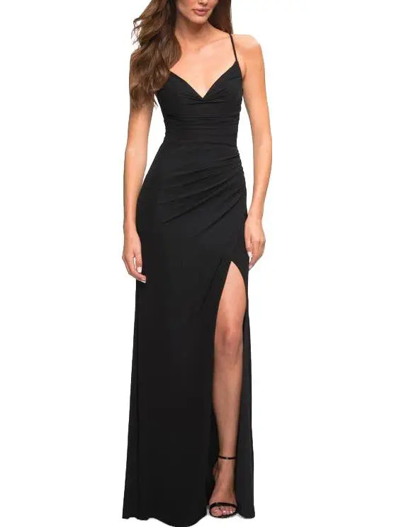 La Femme Net Jersey Gown With Lace-up Back - Black
