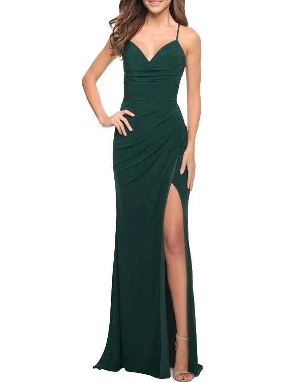 La Femme Net Jersey Gown With Lace-up Back - Emerald