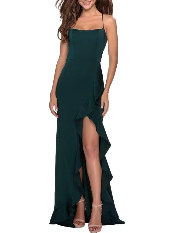 La Femme Ruffle Prom Dress With Lace Up Back - Emerald