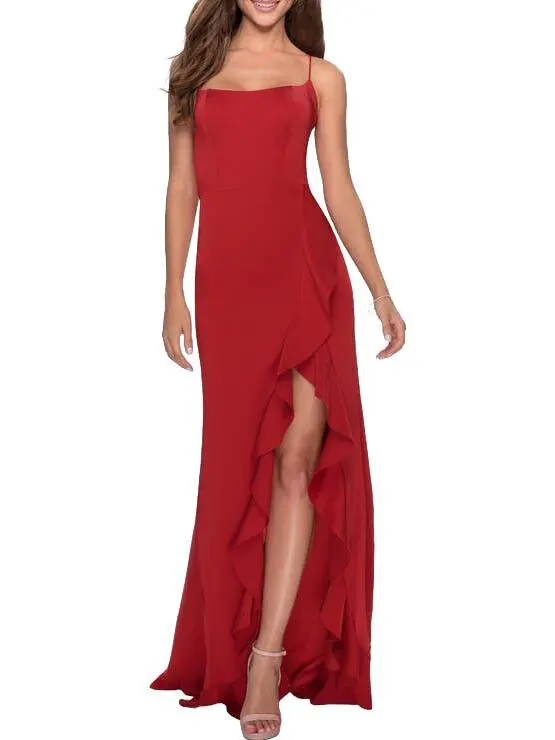 La Femme Ruffle Prom Dress With Lace Up Back - Red
